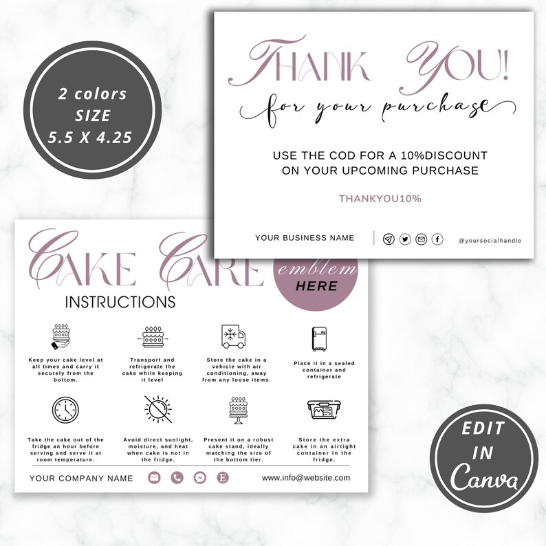 Cake Care Card I Canva Template I Care Card Instructions, Business ...