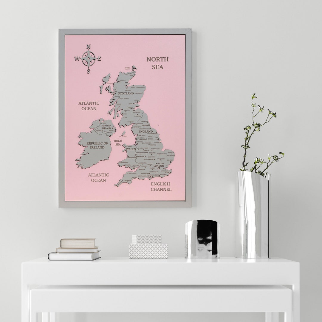 Pink Wooden United Kingdom Travel Map, Modern Adventure Map, 3D Effect ...