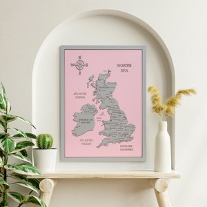 Pink Wooden United Kingdom Travel Map, Modern Adventure Map, 3D Effect ...