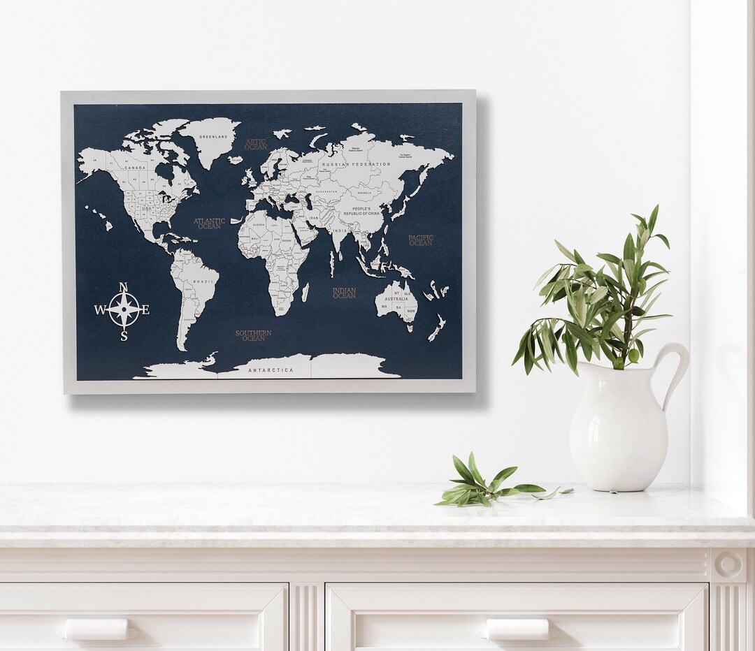 Dark Grey Wooden World Travel Map, Modern Push Pin Adventure Map, 3D ...