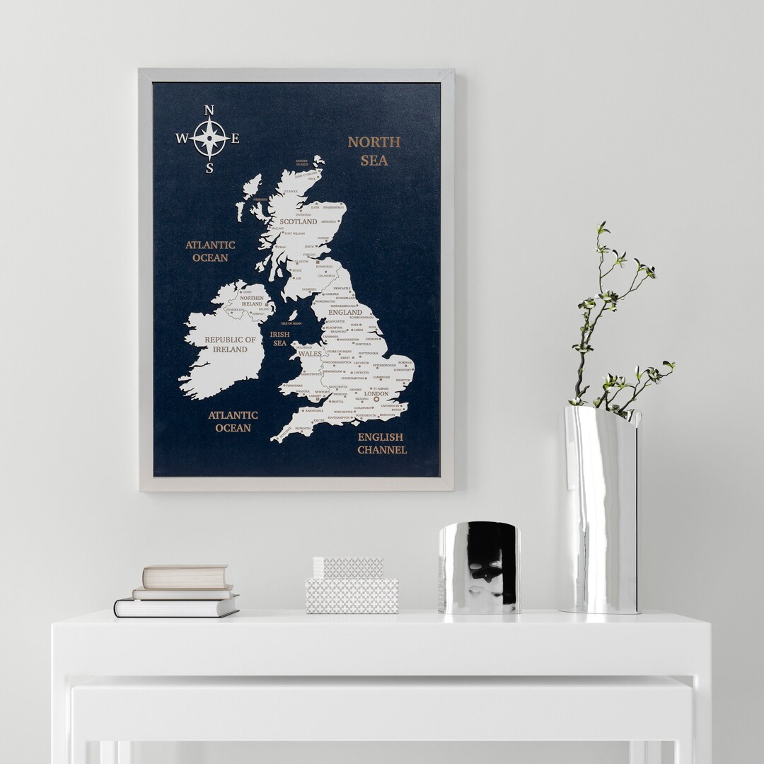 Basalt Blue Wooden United Kingdom Travel Map, Modern Adventure Map, 3D ...