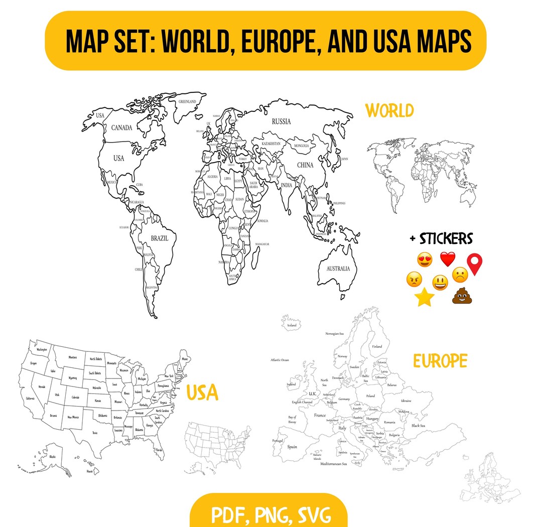 Map Set: World, Europe, and USA Maps, World Map, USA Map Printable, A ...