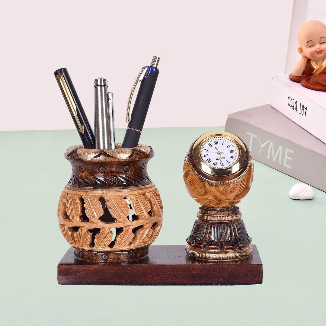 Wooden Mataka Shape Pen Stand With Table Clock for Child Desk, Office ...
