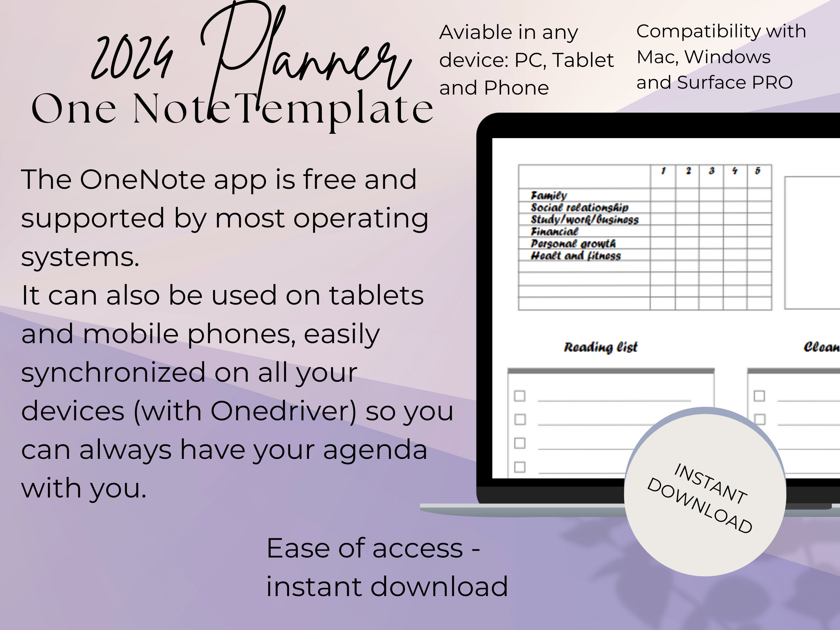 Onenote Digital Planner 2024 , Hyperlinked Onenote Dated Planner, 365 ...