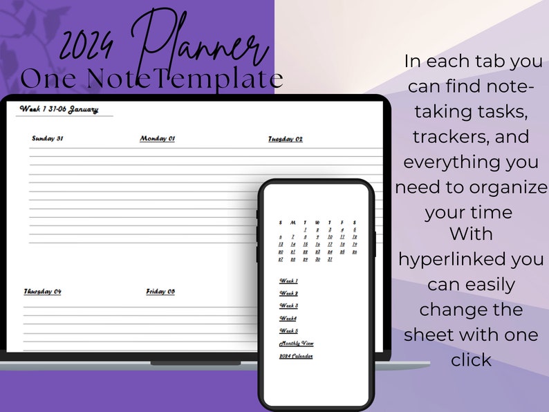 Onenote Digital Planner 2024 , Hyperlinked Onenote Dated Planner, 365 ...