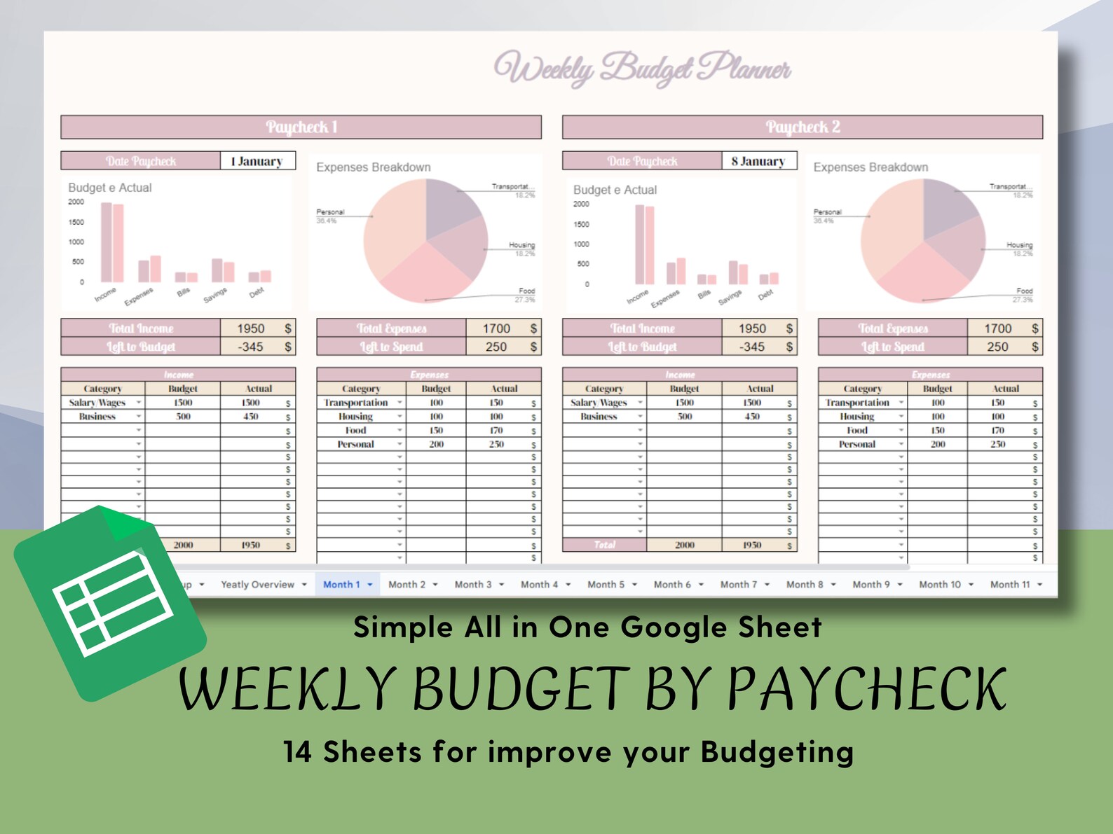 Weekly Budget by Paycheck Spreadsheet Bi-weekly Budget Plan Weekly ...