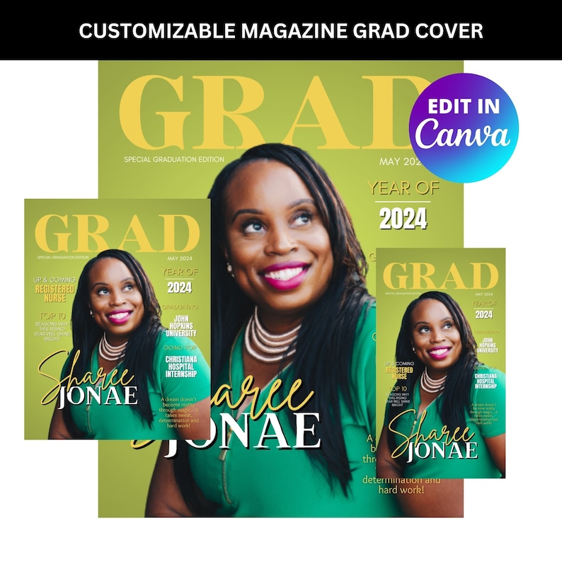 Buy Editable Graduation Magazine Cover Canva Template Personalized Grad ...