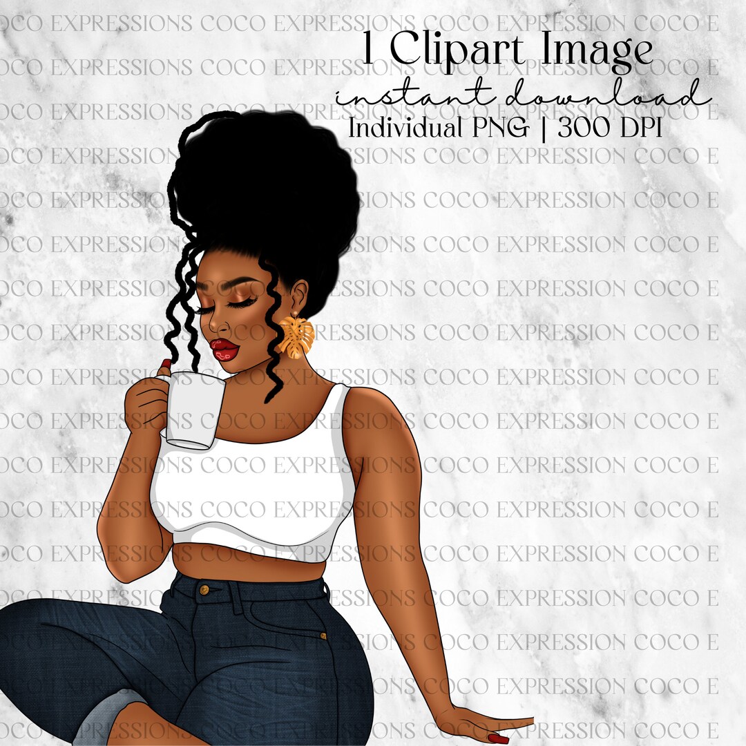 Coffee Girl Clipart: African American Fashion Illustration (PNG) - Etsy