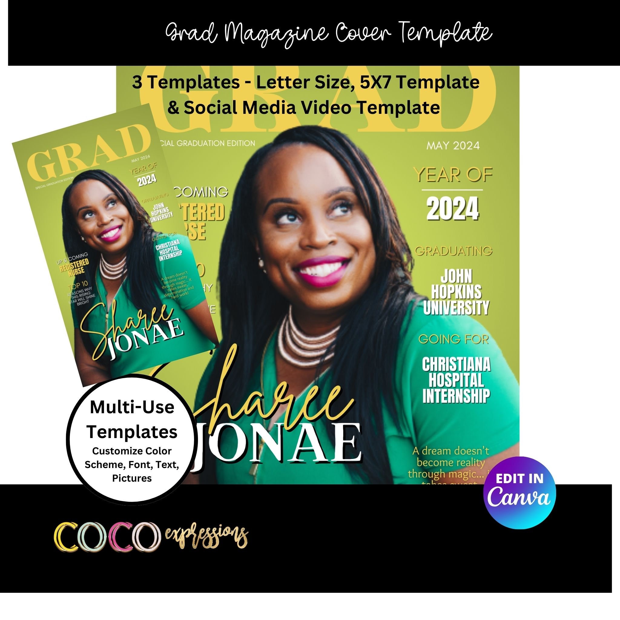 Editable Graduation Magazine Cover Canva Template Personalized Grad ...