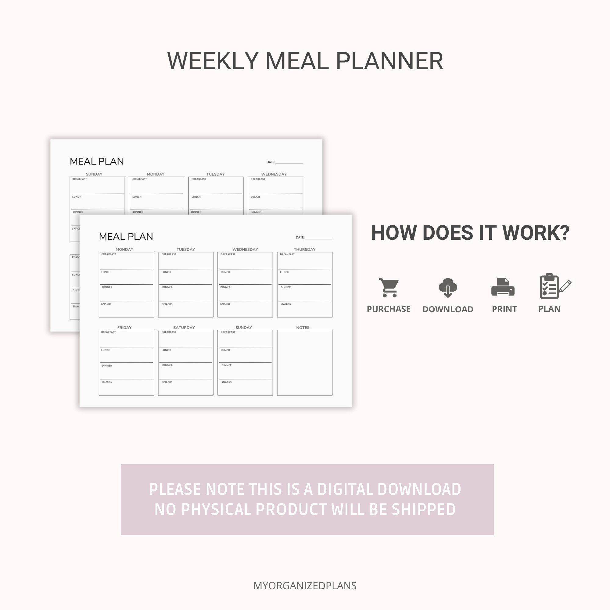 Printable Weekly Meal Planner Landscape, Food Diary, Meal Tracker, Food ...