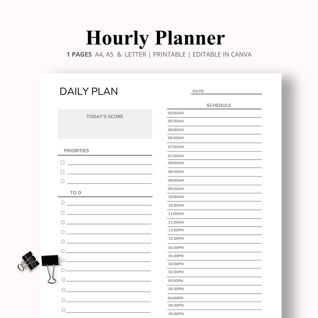 Printable Hourly Planner, Daily Planner, Daily to Do List, Day Planner ...