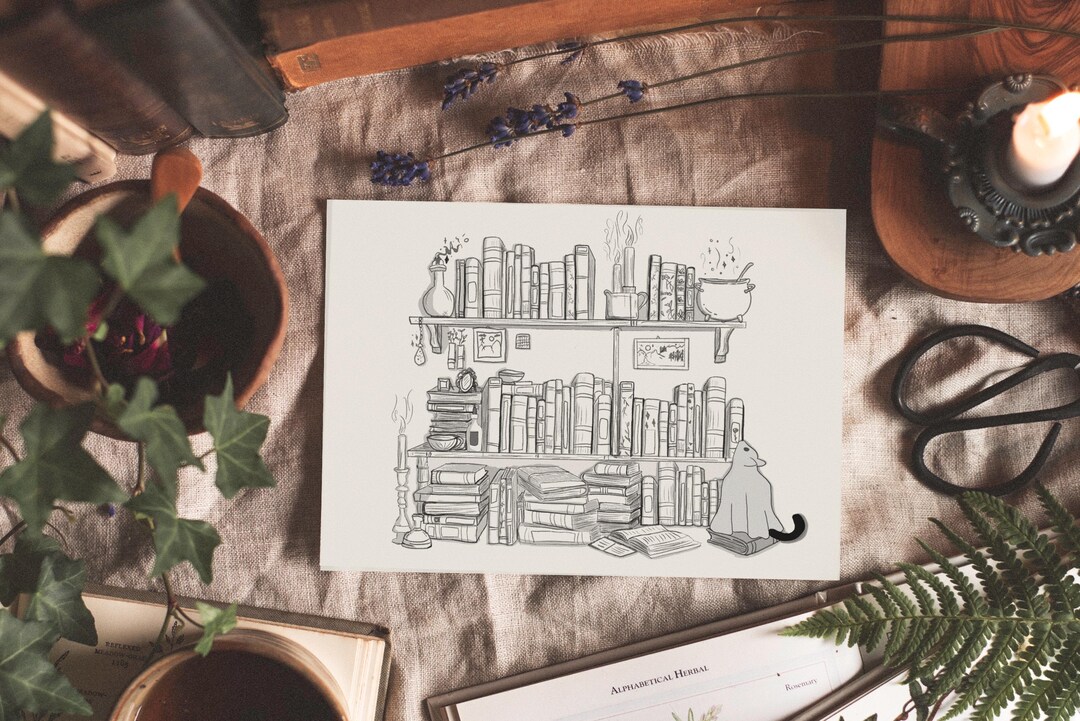 Messy Bookshelves Print, Sketch Print, Bookish Art, Bookish Print ...