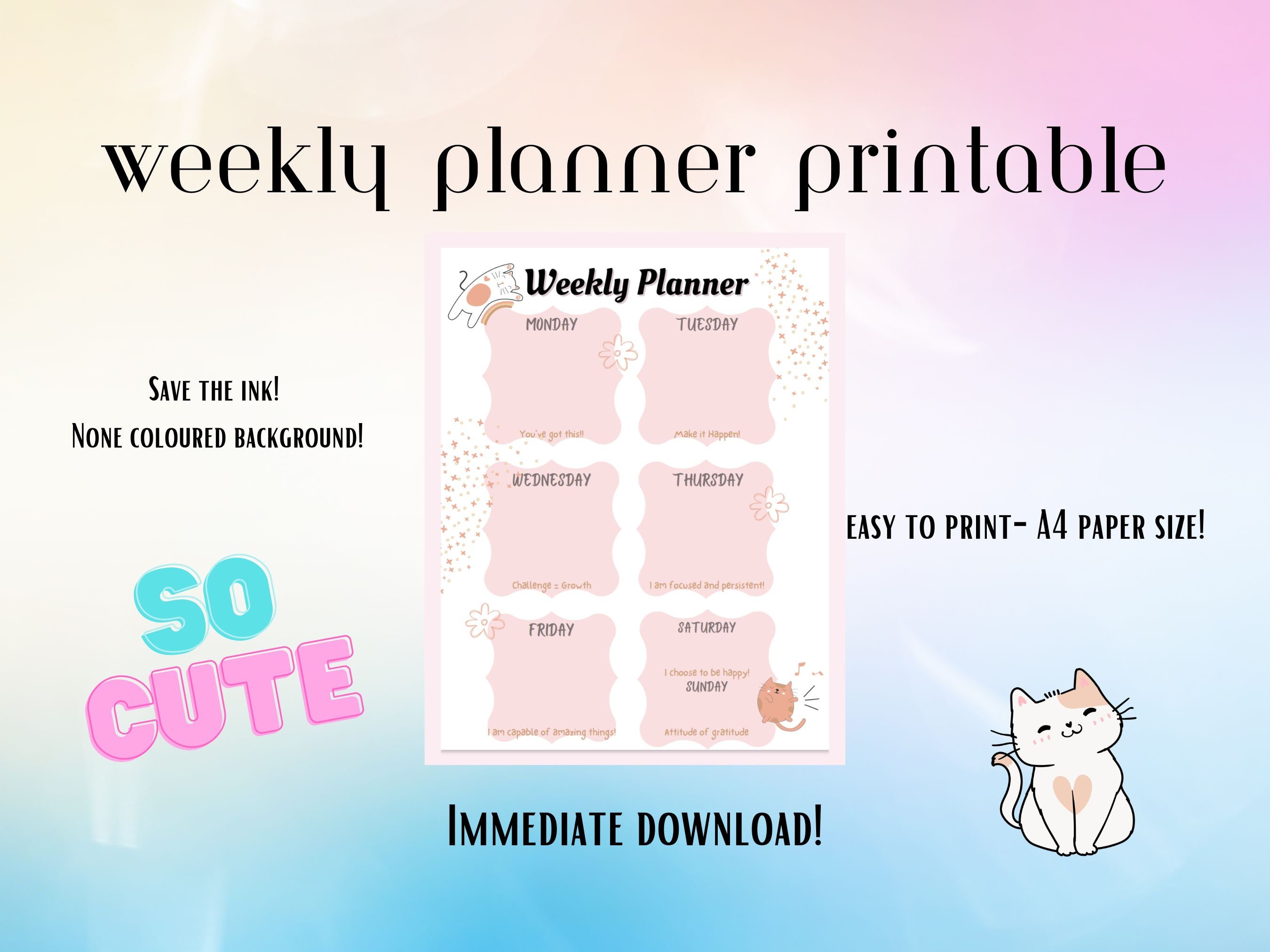 Cute Weekly Planner Printable With Daily Affirmations! Instant Download ...