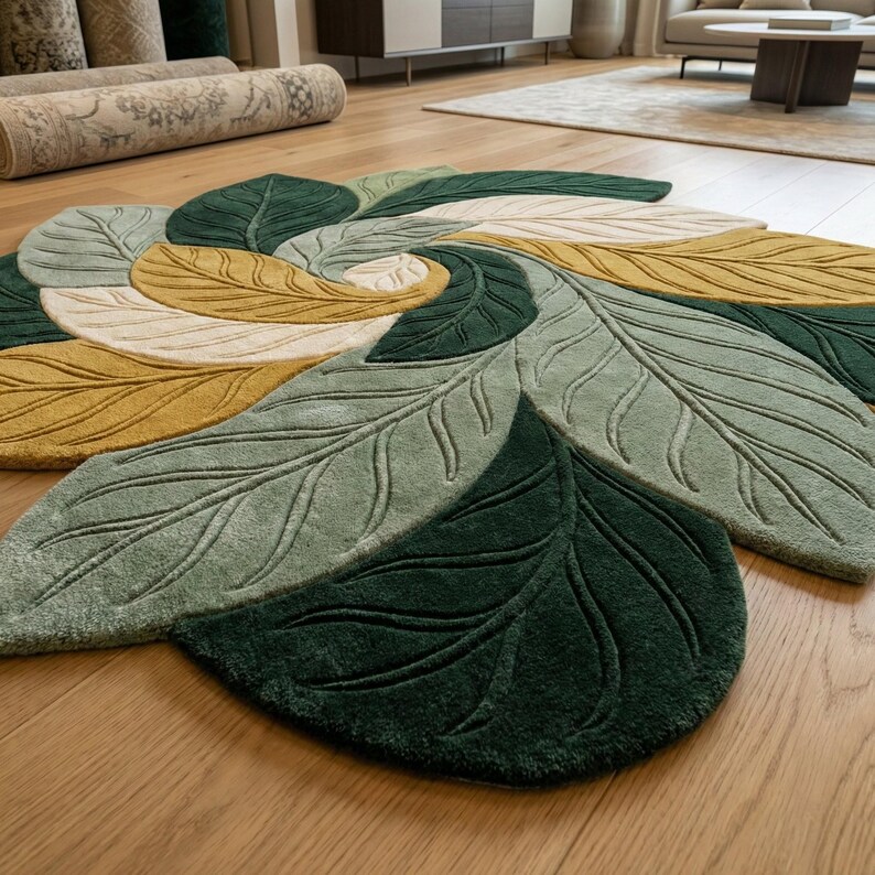 Handmade Wool Leaf Rug, Botanical Green & Yellow Tufted Carpet - Etsy