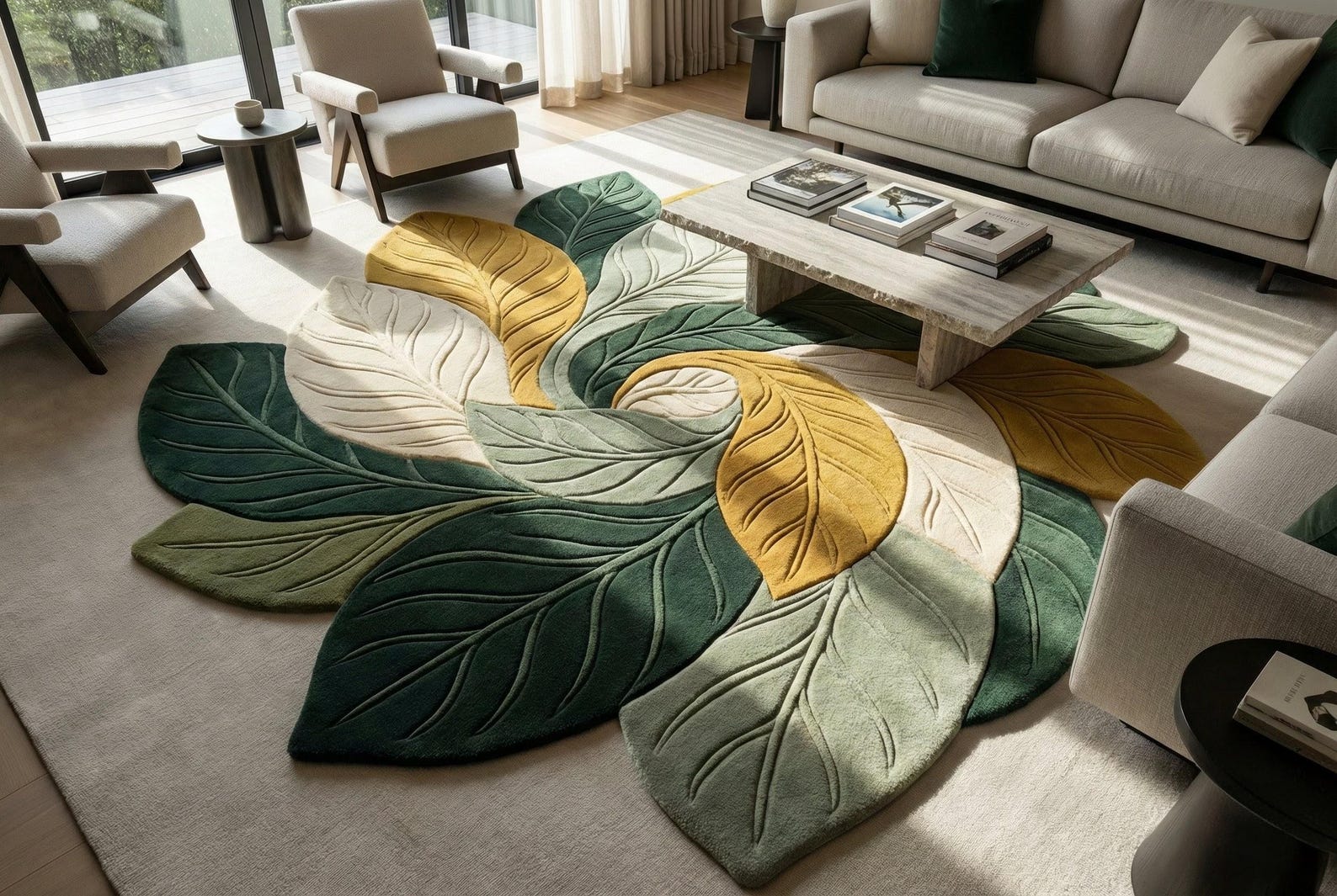 Handmade Wool Leaf Rug, Botanical Green & Yellow Tufted Carpet - Etsy