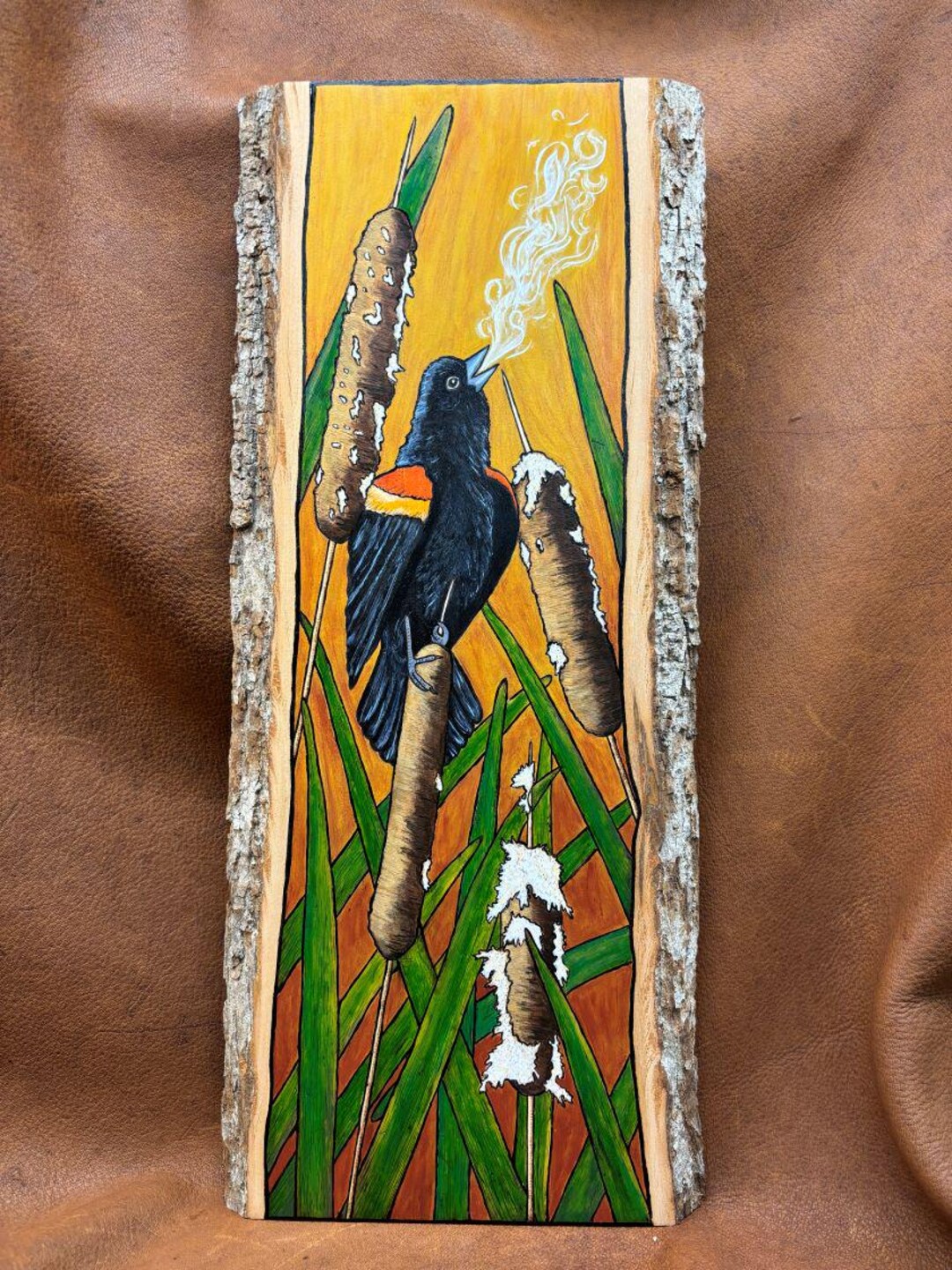 Red Winged Blackbird in the Swamp Marsh, Original Pyrography, Wood ...