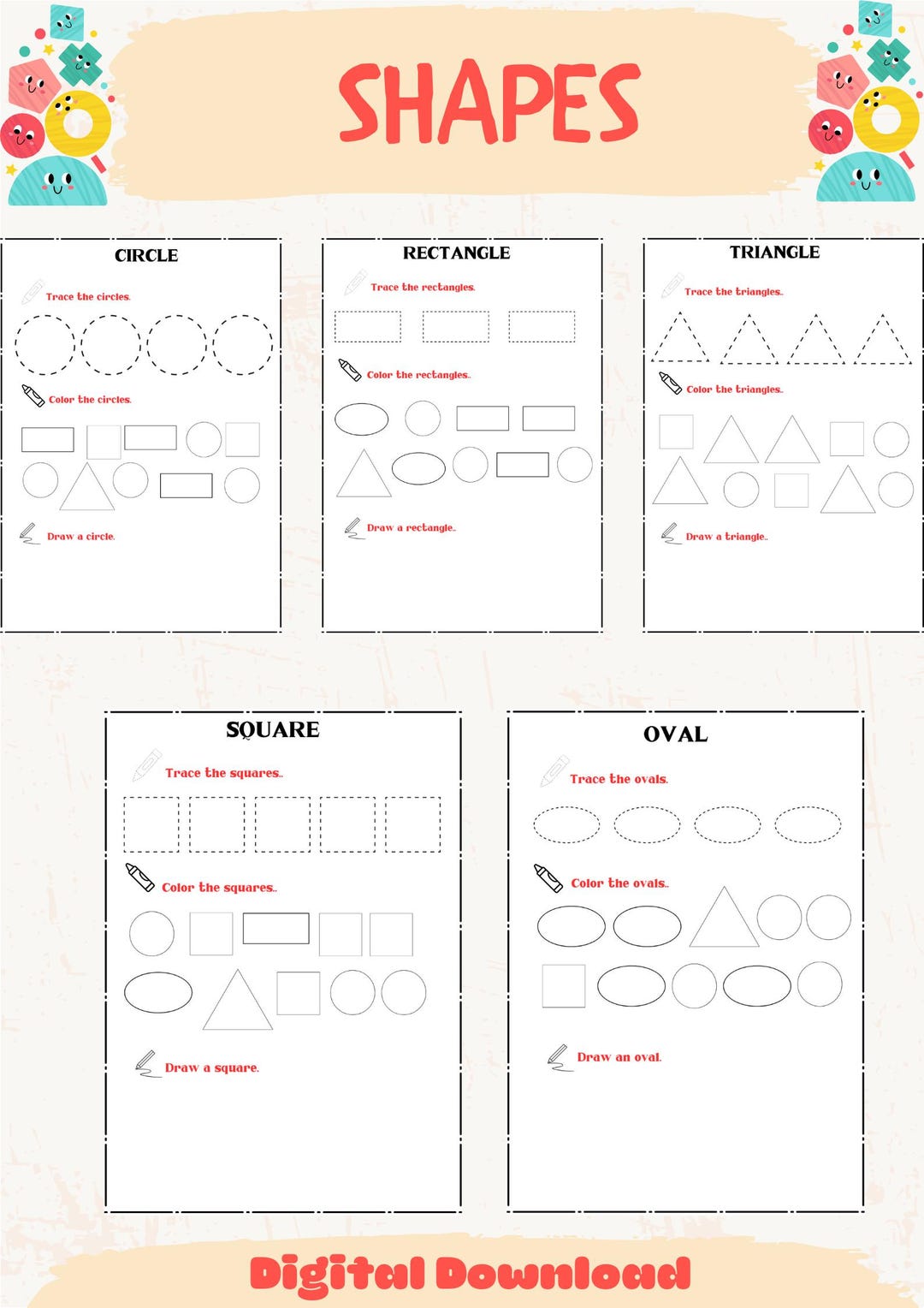 Learning Shapes, Tracing the Shapes, Coloring the Shapes, Drawing the ...