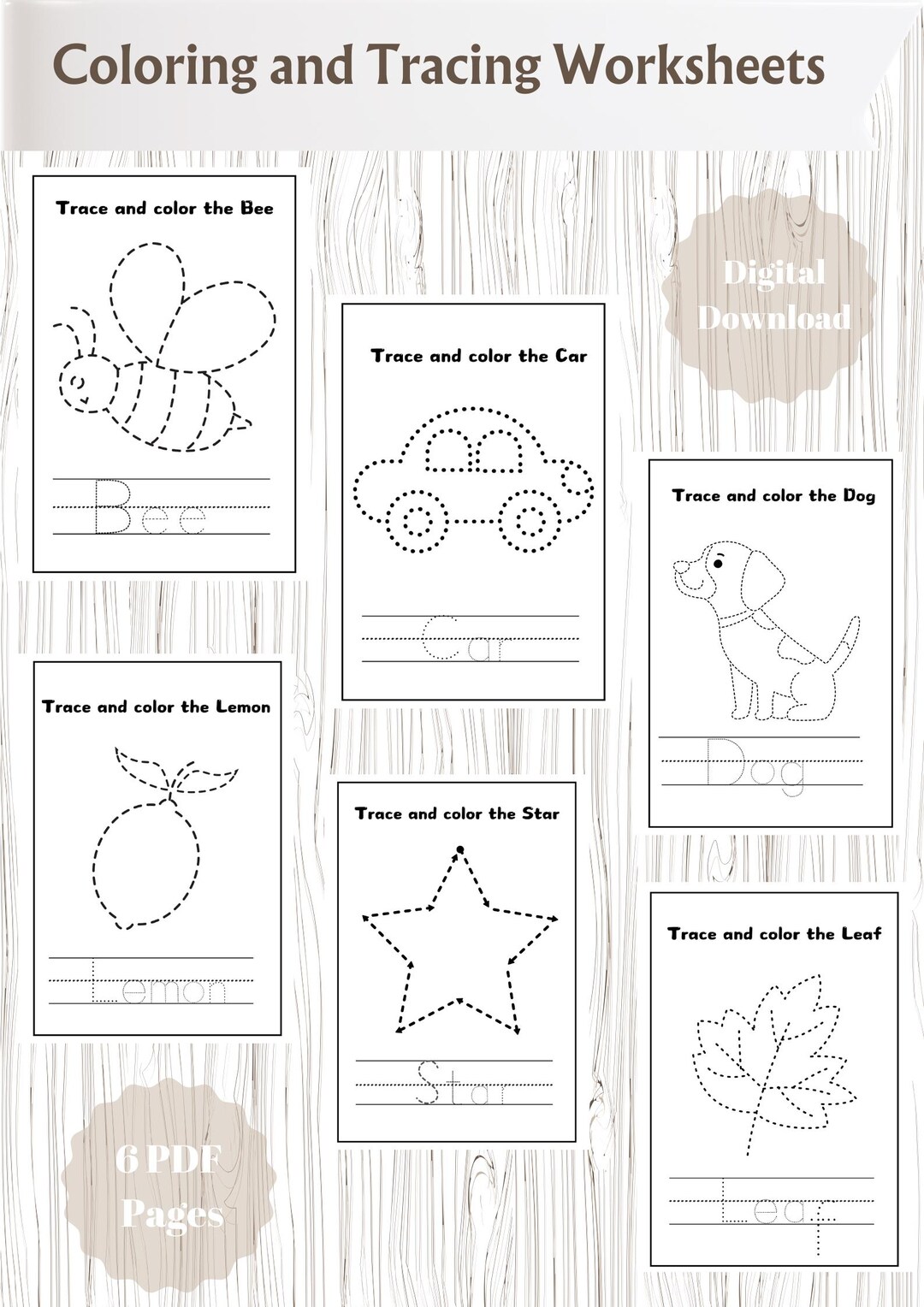 Tracing and Coloring Worksheets for Kids, Pre-writing Skills (digital ...