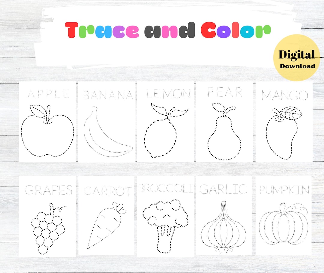 Vegetables & Fruits Tracing Coloring Pages: Preschool Kindergarten ...