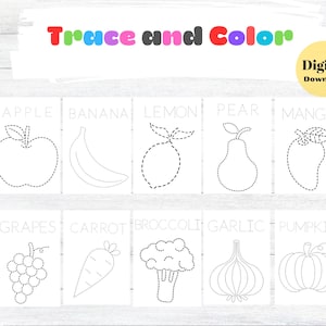 Vegetables & Fruits Tracing Coloring Pages: Preschool Kindergarten ...