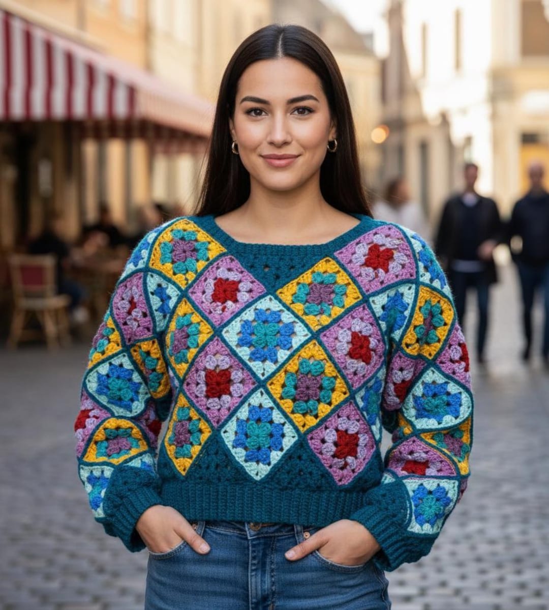 Granny Square Crochet Pullover Pattern PDF | Bias Sweater Digital ...