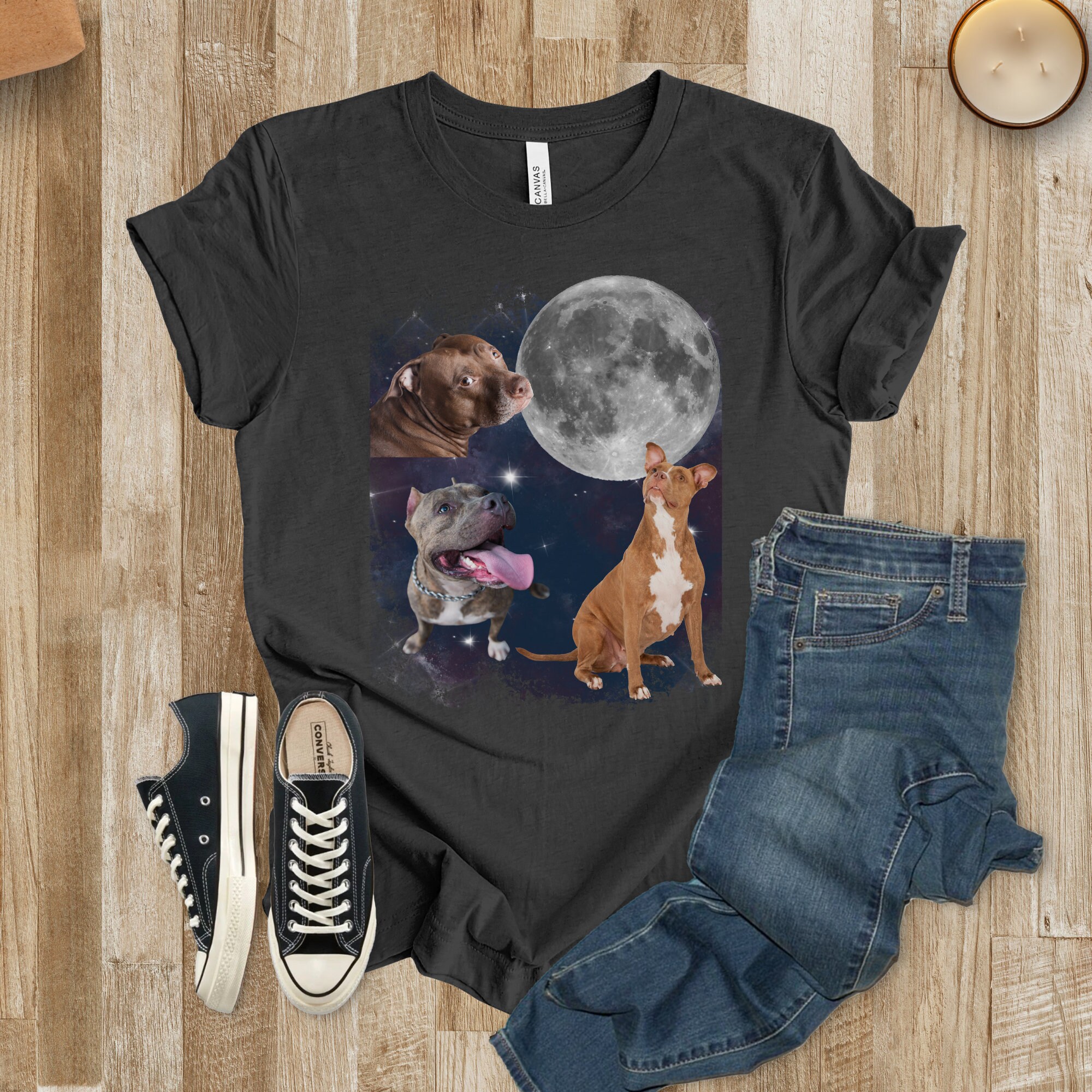 Three Pibbles Howling at the Full Moon Funny T-shirt Weirdcore Tee Dog ...