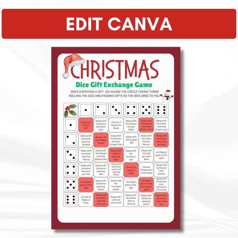 Christmas Gift Exchange Dice Game, Christmas Game Printables, Christmas ...