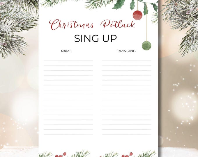 Christmas Potluck Sign up Sheet Printable Holiday Party Potluck Planner ...
