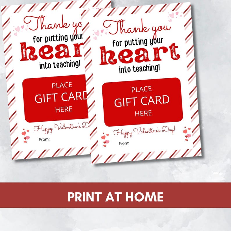 Teacher Valentine Gift Card Holder: Printable Thank You Gift (PDF & JPG ...