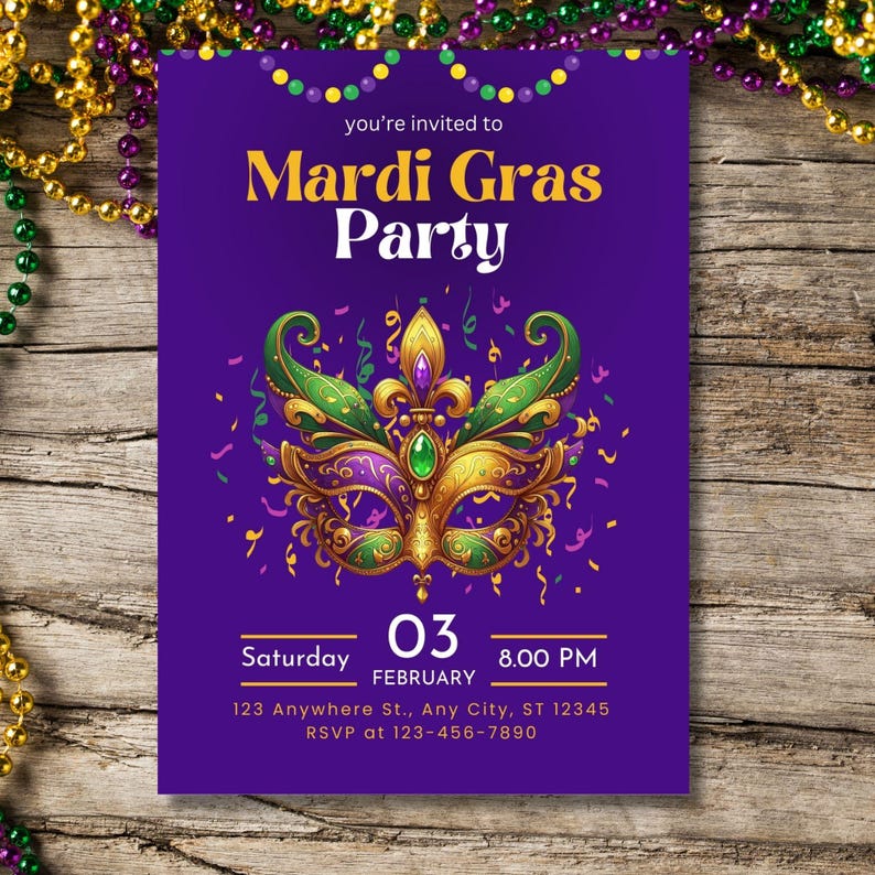 Editable Mardi Gras Party Invitation Template, Printable Masquerade ...