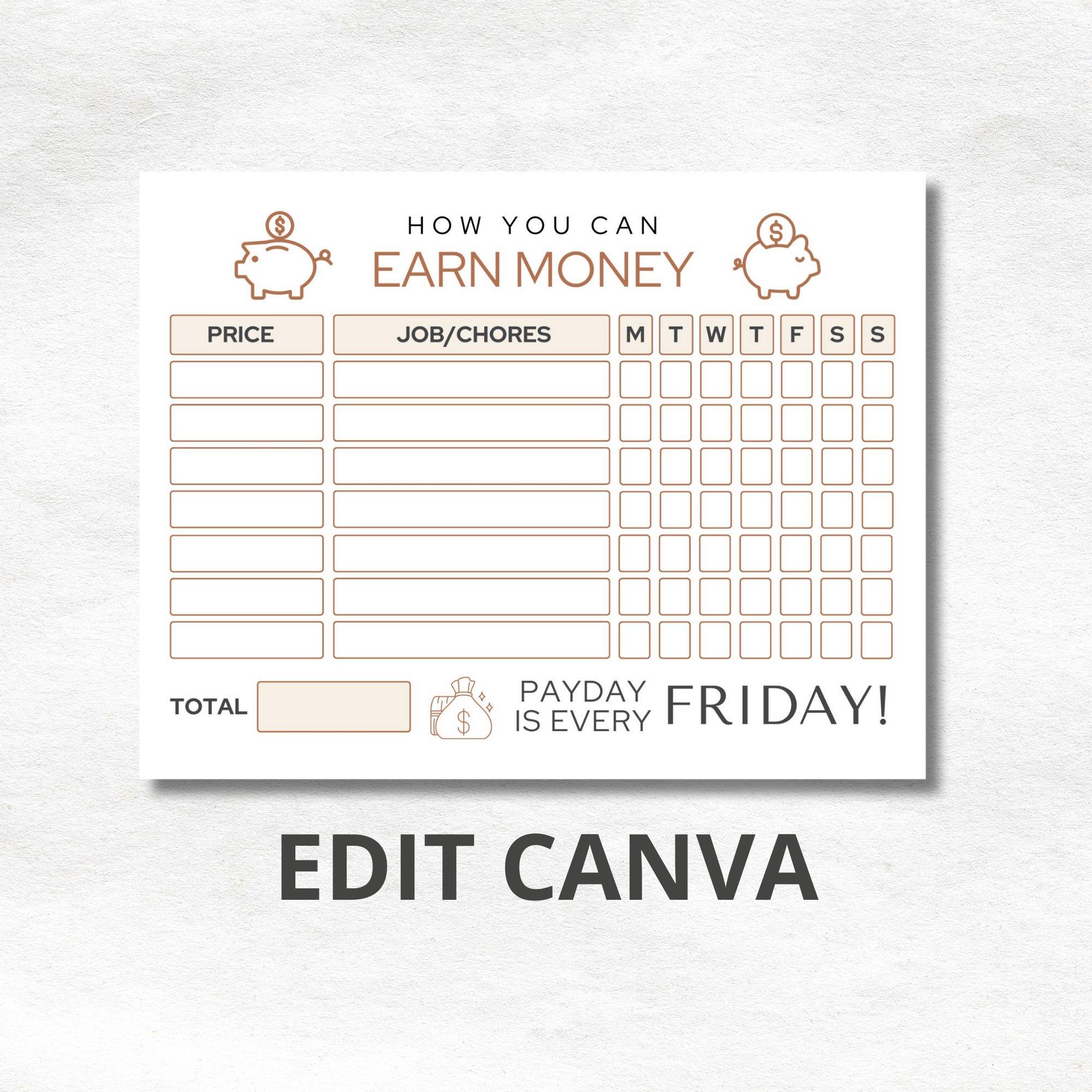 How to Earn Money Chart, Chore Chart for Kids, Chore Chart, Allowance ...