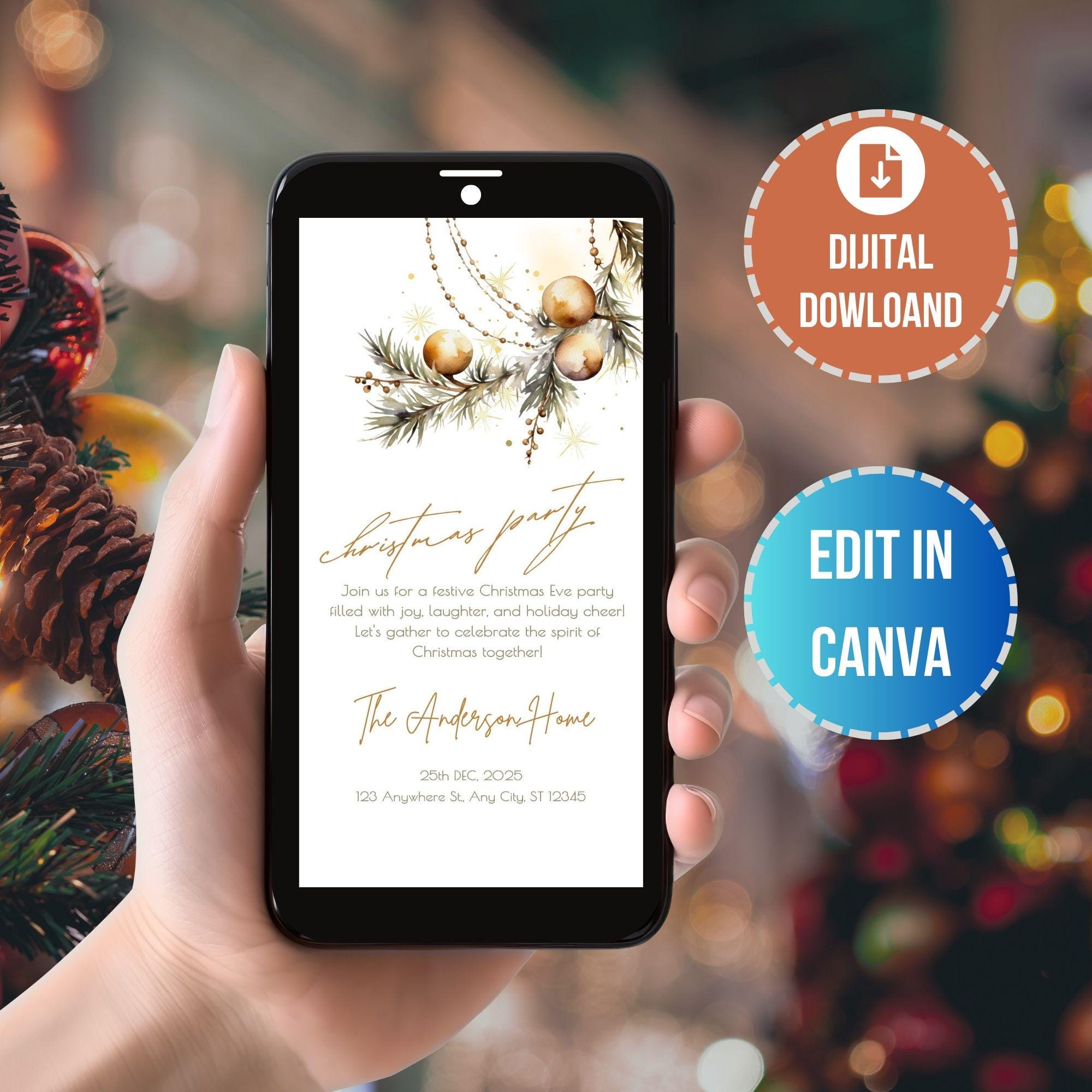 Digital Christmas Party Invitation Template, Editable Christmas Party ...