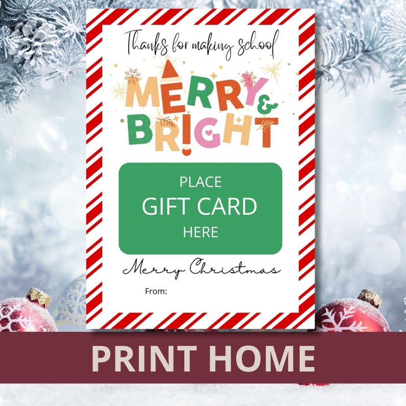 Printable Thank You for Making School Merry and Bright Gift Card Holder ...