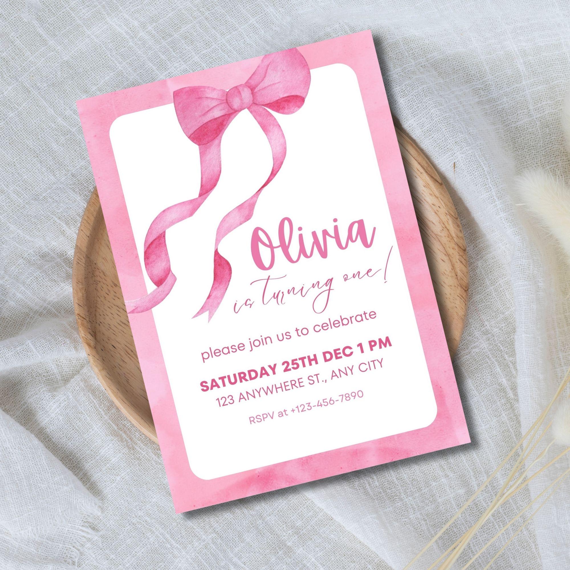 Pink Bow 1st Birthday Invitation | First Birthday Invite Template ...
