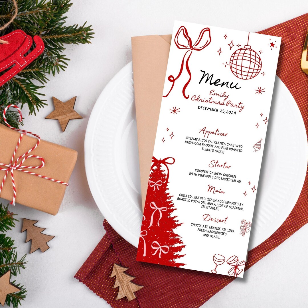 Christmas Dinner Menu Template, Friendsmas Holiday Party Menu Card ...