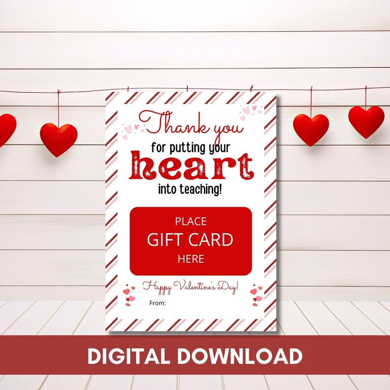Teacher Valentine Gift Card Holder: Printable Thank You Gift (PDF & JPG ...