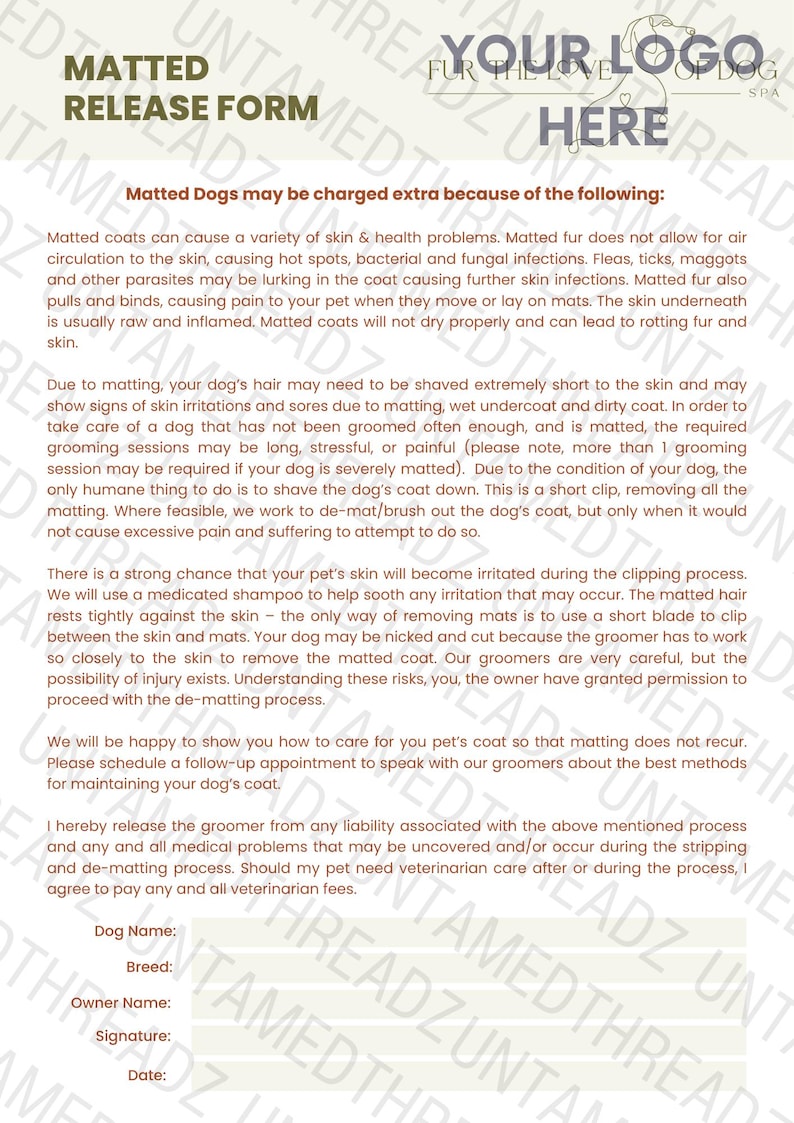 Editable Matted Pet Release Form for Dog Groomers | Canva Template ...