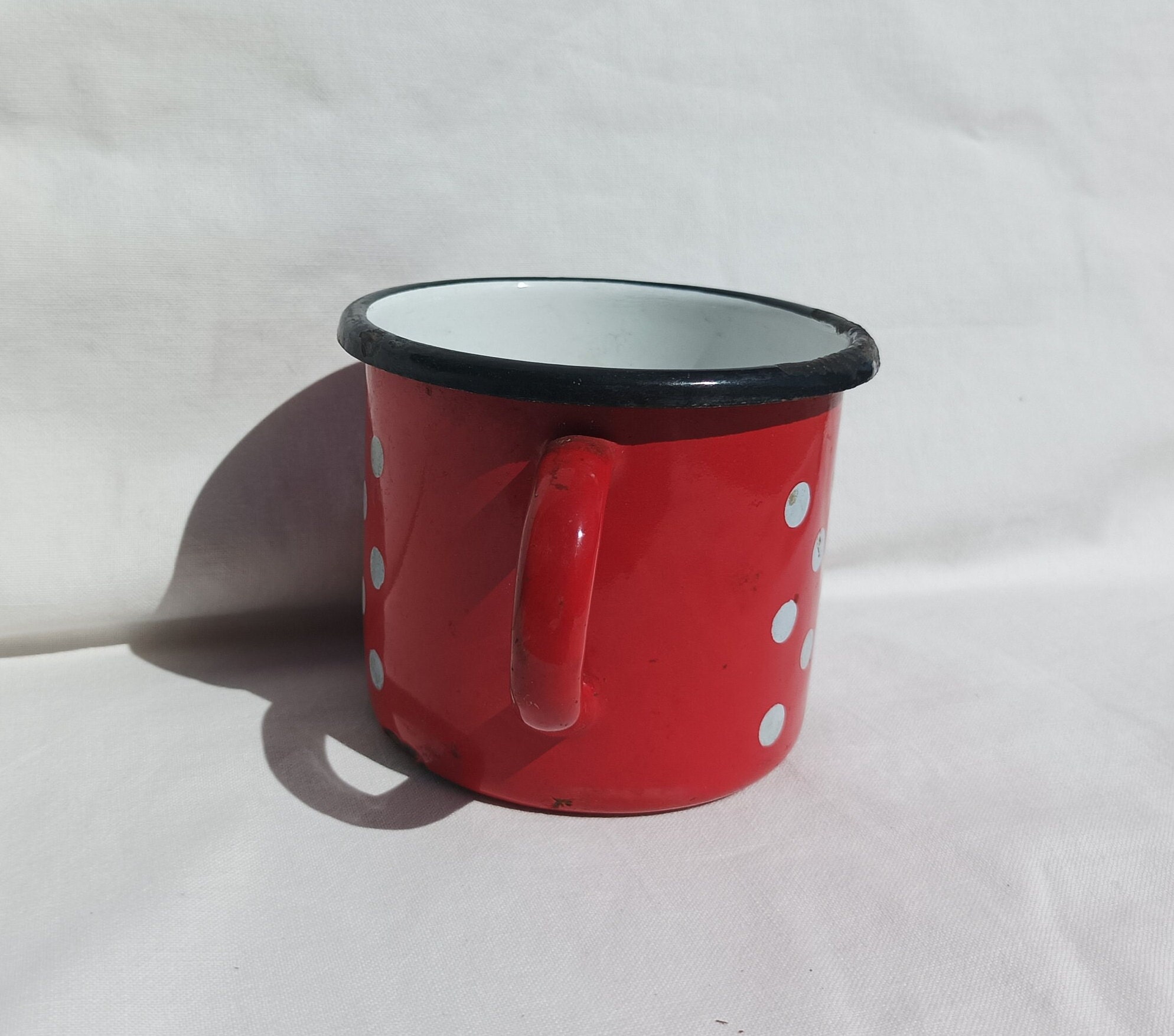 Red Enamel Mug With White Dots , Vintage Metal Enameled Glazed Folk ...