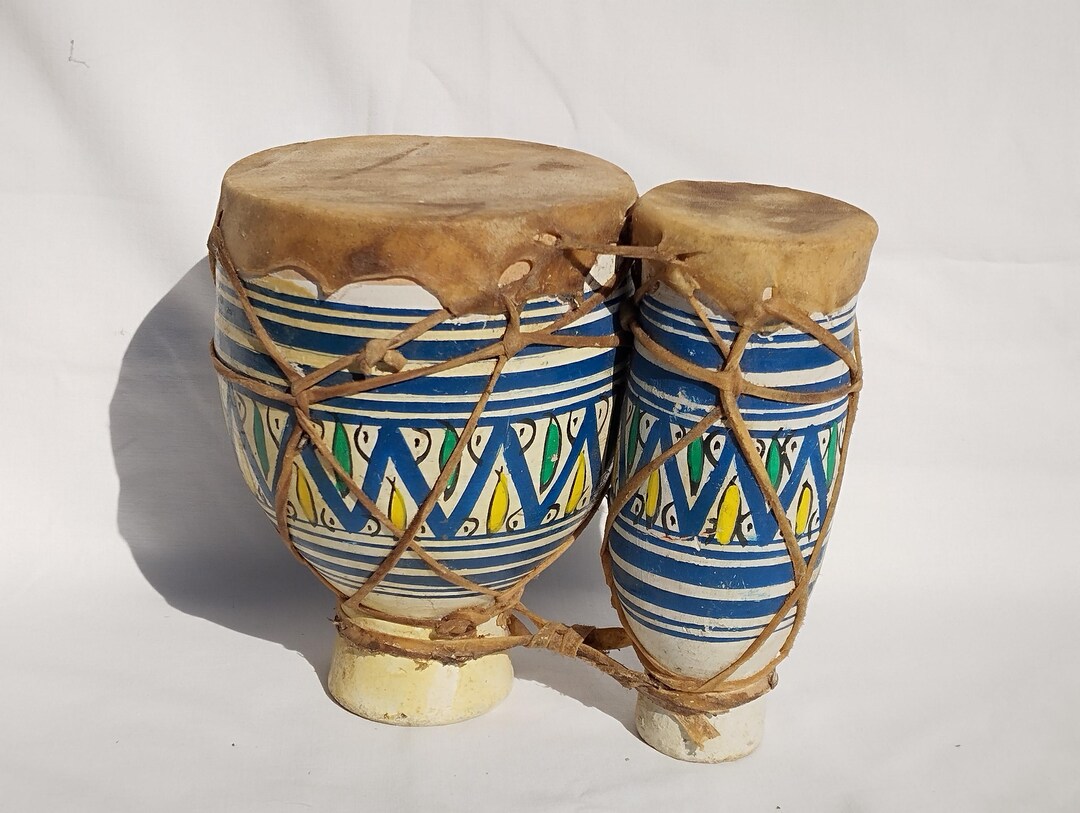 African Moroccan Leather Ceramic Hand Drum, Traditional African Folk ...