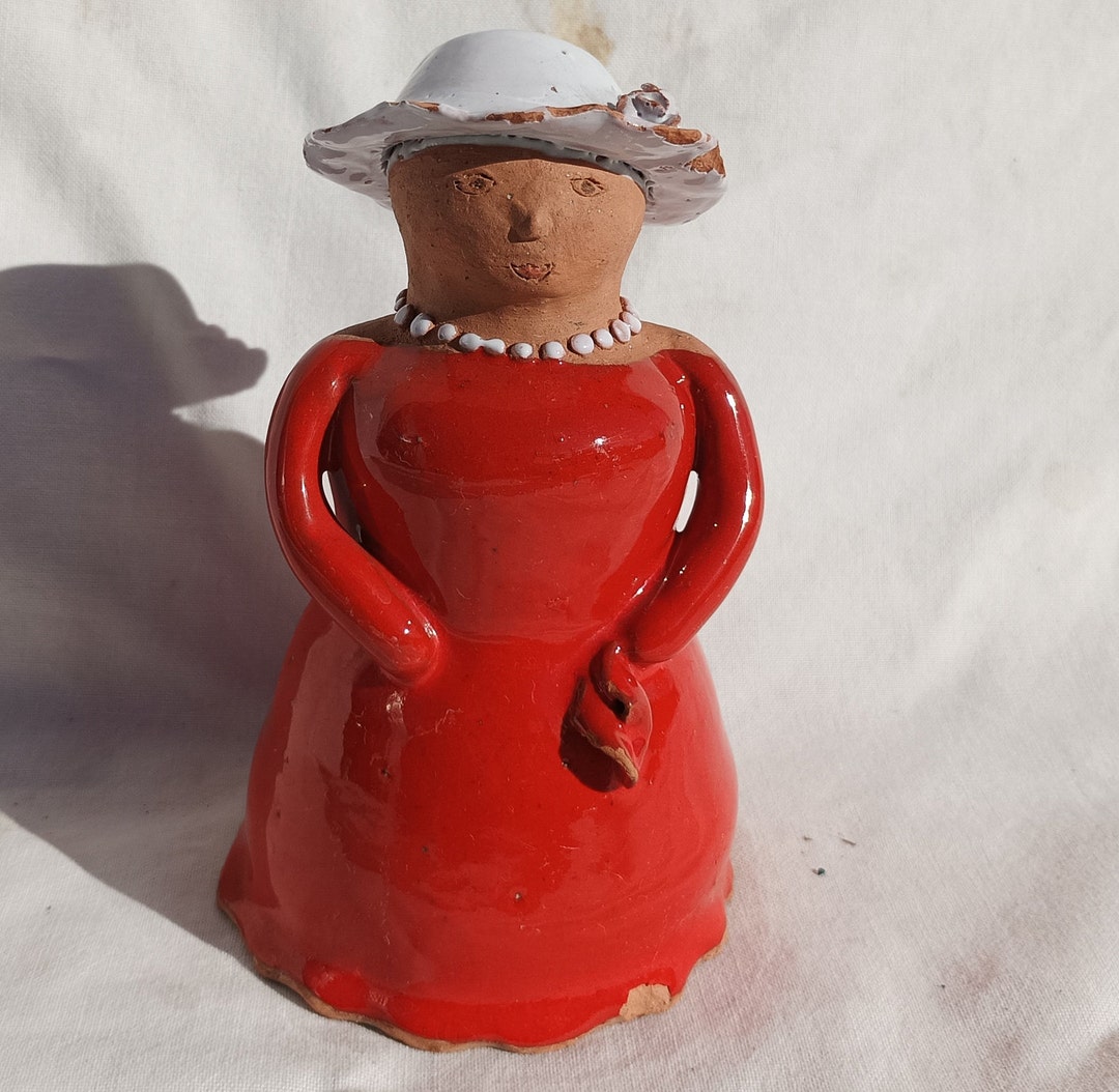 Glazed Clay Lady in Red Dress, Ceramic Figure of A Lady in A White Hat ...