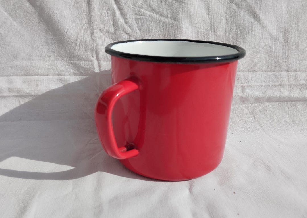Red Enamel Mug , Vintage Metal Enameled Glazed Folk Country Style Milk ...