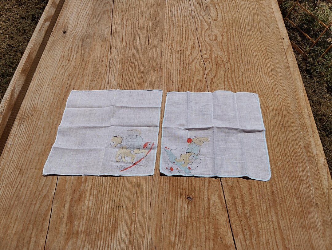 Vintage Animal Motif Handkerchief Set of 2, Textile Handkerchiefs Set ...