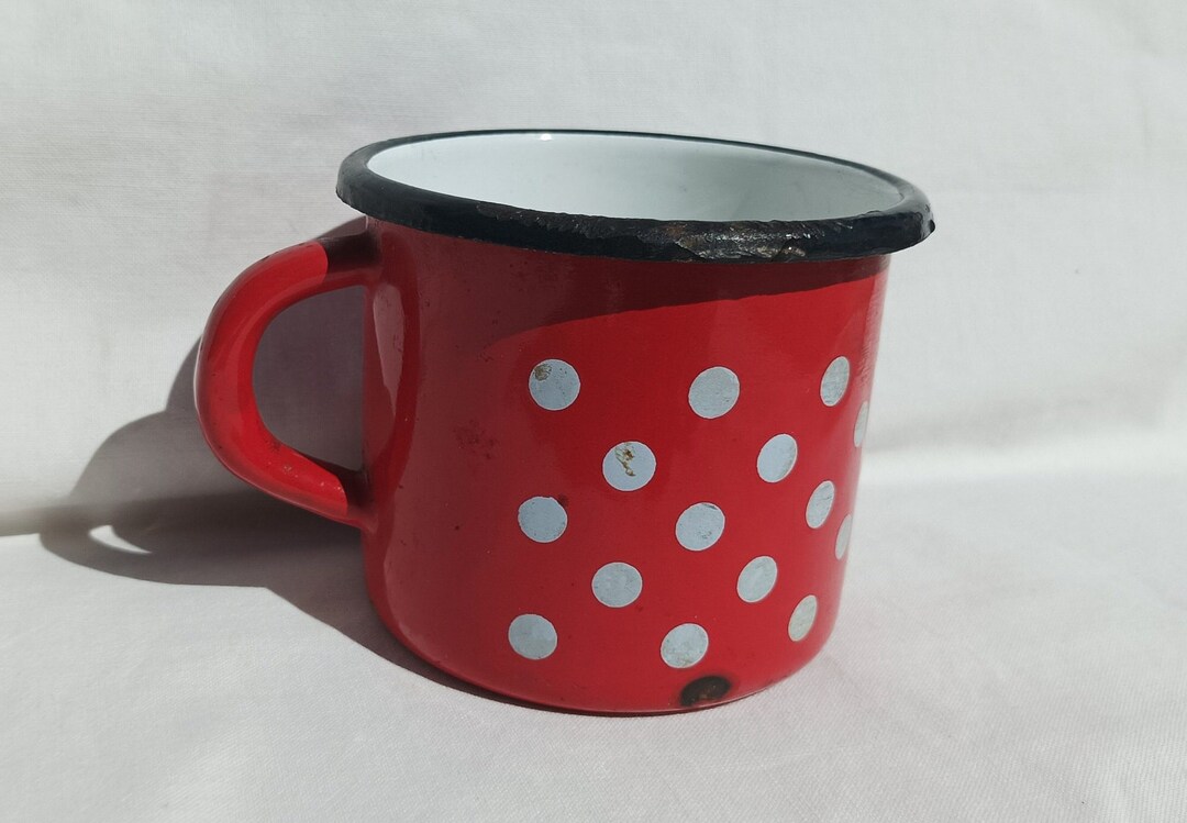 Red Enamel Mug With White Dots , Vintage Metal Enameled Glazed Folk ...