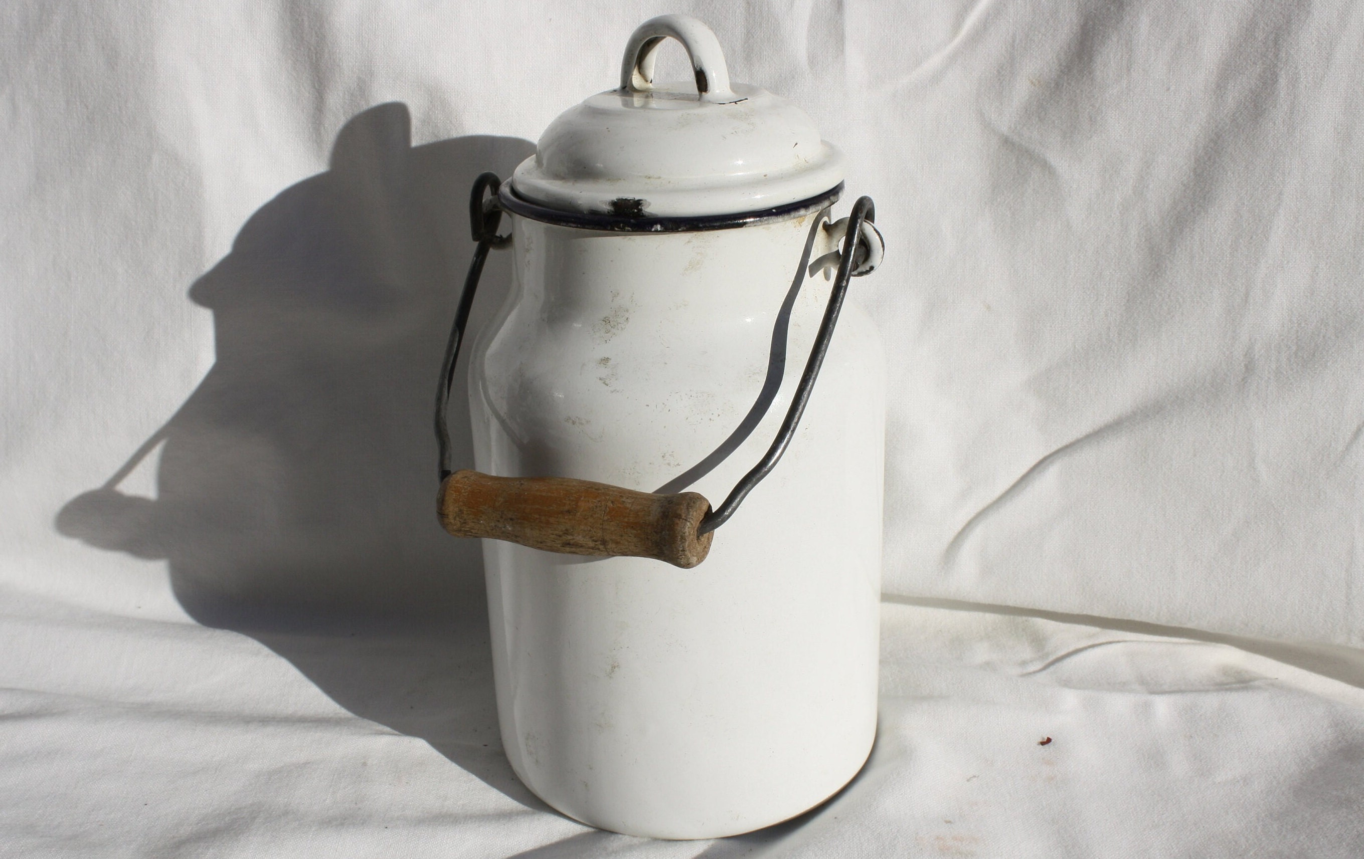 Vintage Enameled Milk Jug, White Colored Wooden Handle Metal Jug, Milk ...