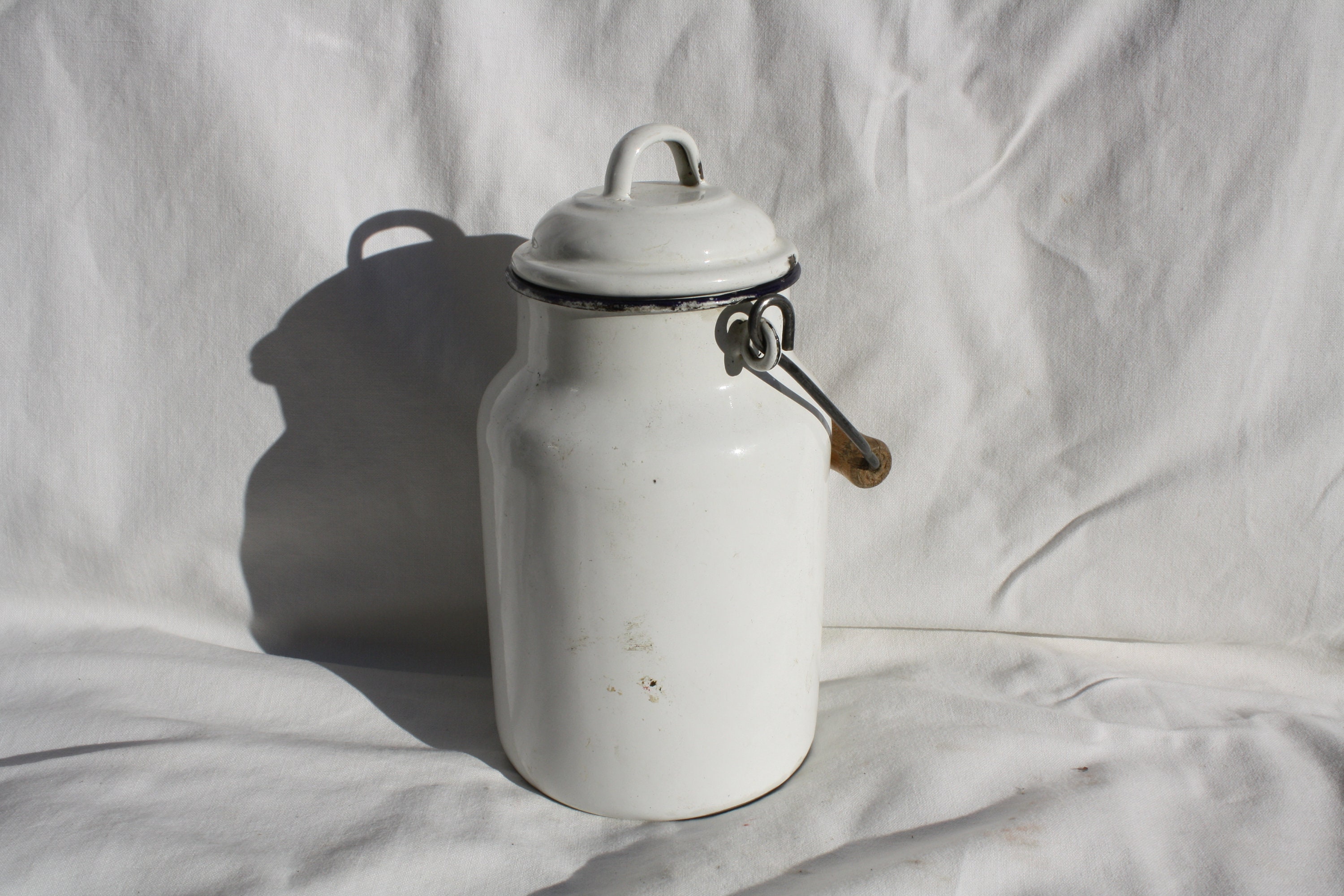 Vintage Enameled Milk Jug, White Colored Wooden Handle Metal Jug, Milk ...