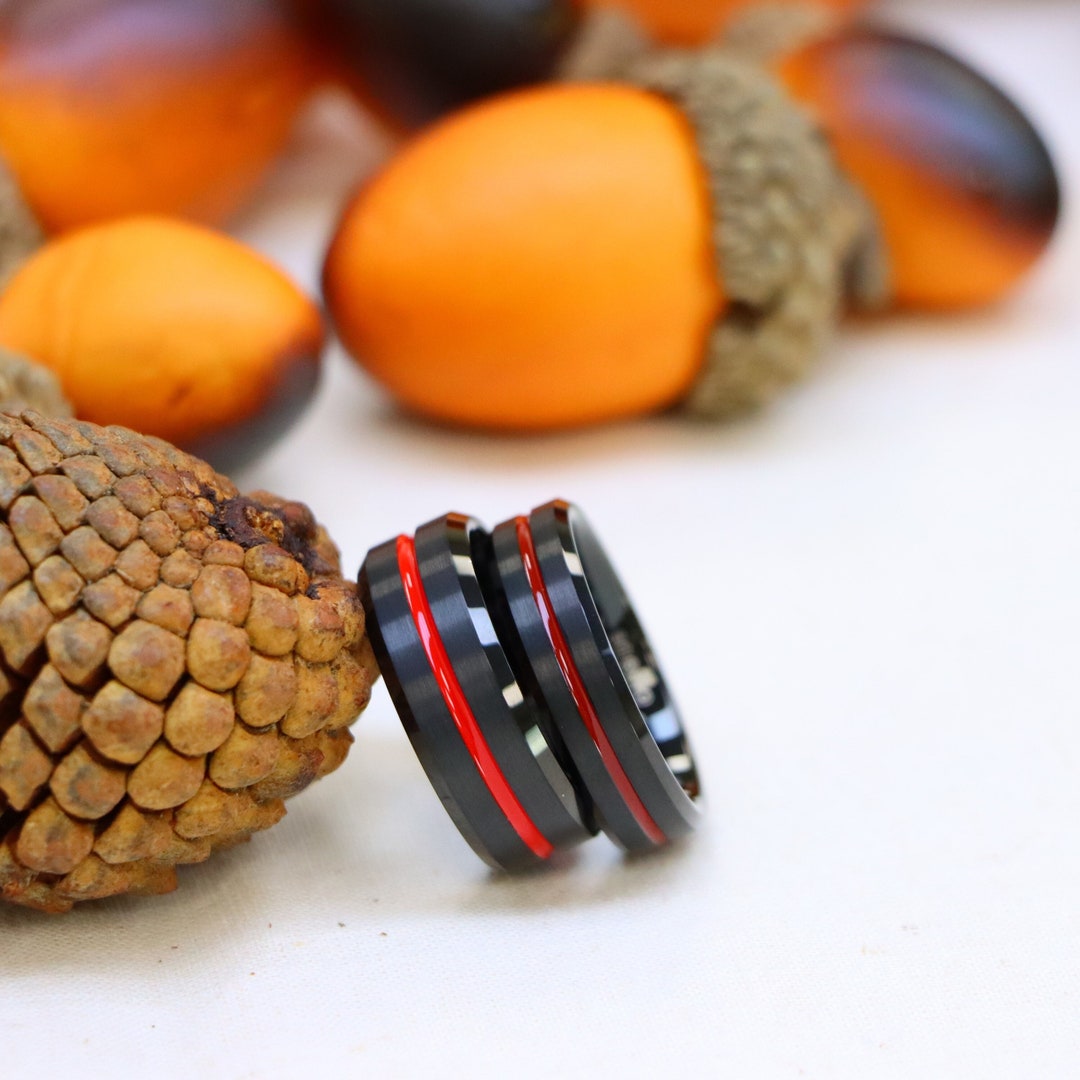 Engraved Firefighter Thin Red Line Ring | Men's Wedding Ring | Black ...