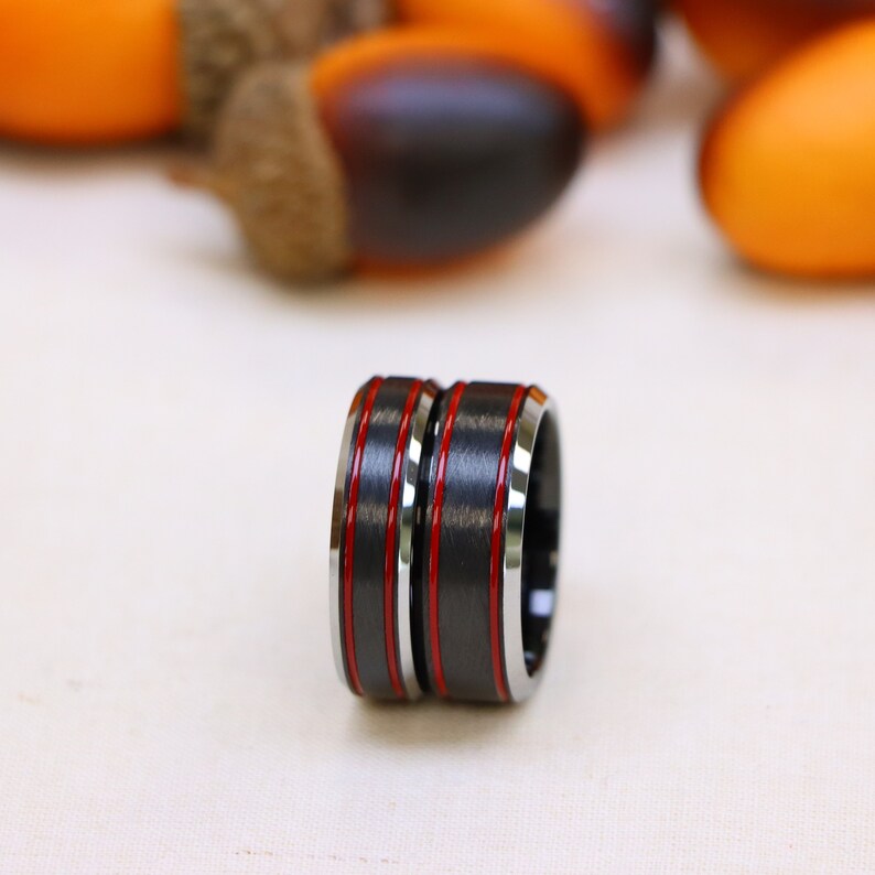 Red Tungsten Wedding Band, Black Couple Band, Men's Wedding Ring, Black ...