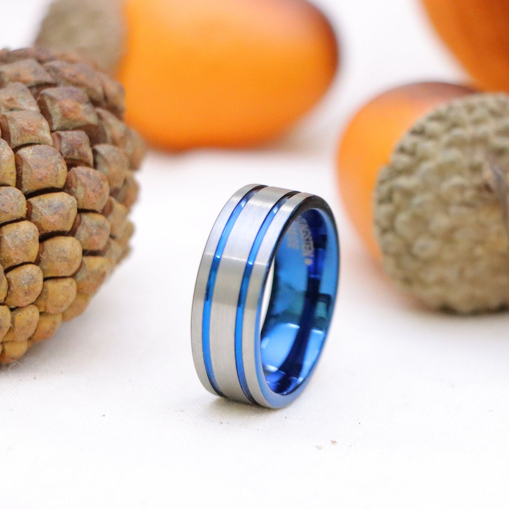 Silver Blue Line Ring Wedding Band Tungsten Wedding Ring - Etsy