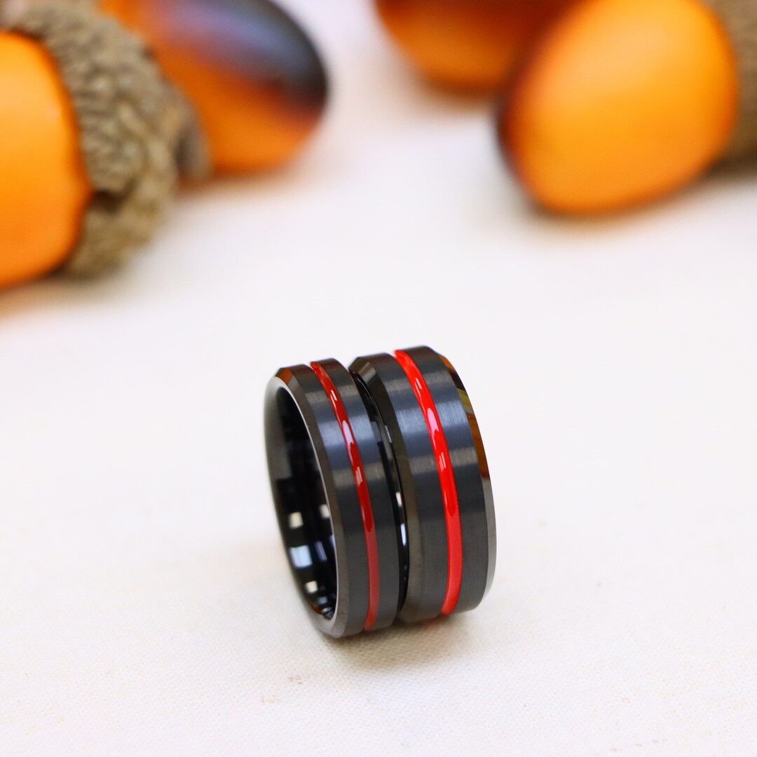 Engraved Firefighter Thin Red Line Ring | Men's Wedding Ring | Black ...