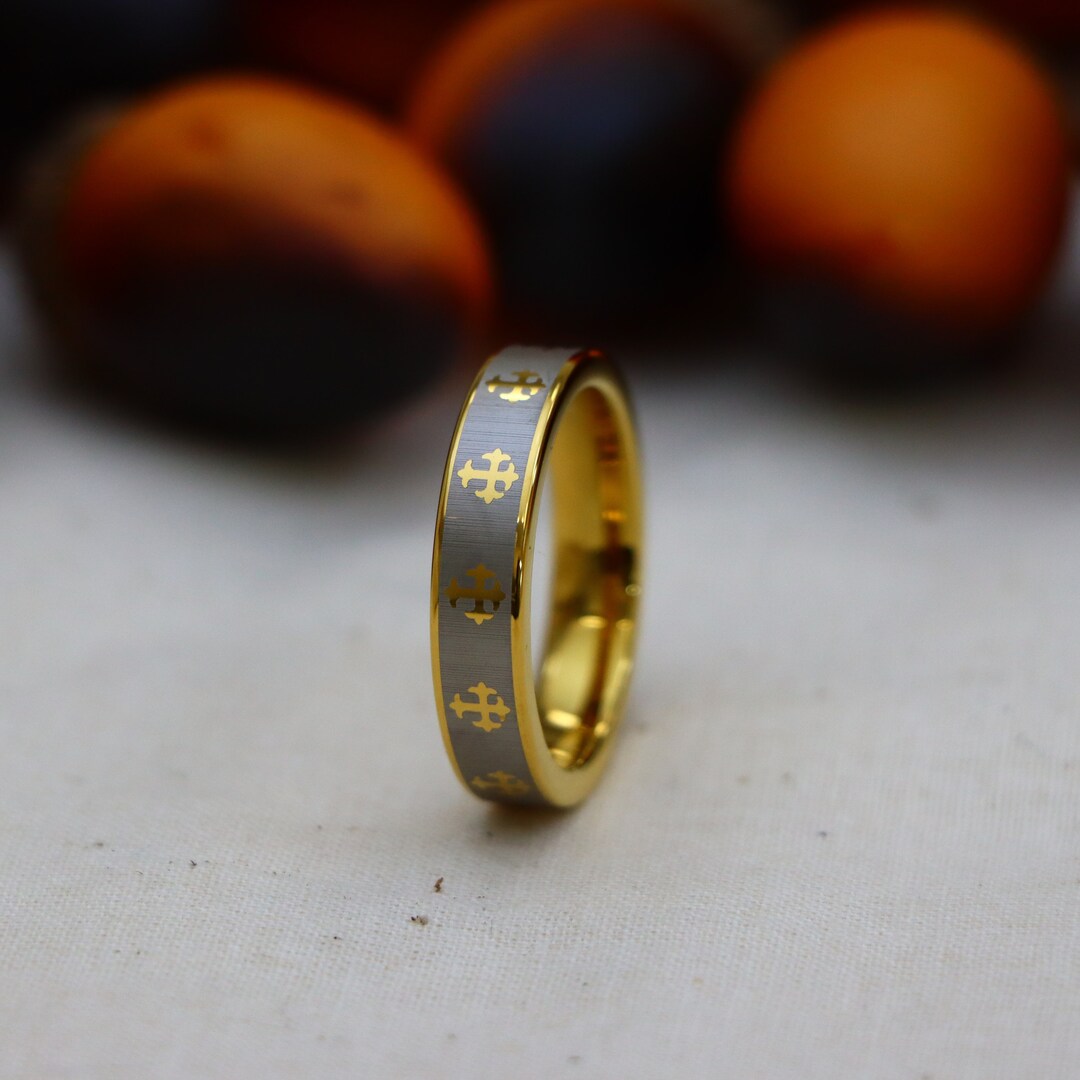 Yellow Tungsten Band, Cross Ring, Religious Wedding Band, Two Tone Band ...